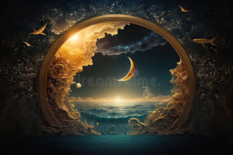 Mythical Golden Space with Ocean and Young Moon Stock Illustration ...