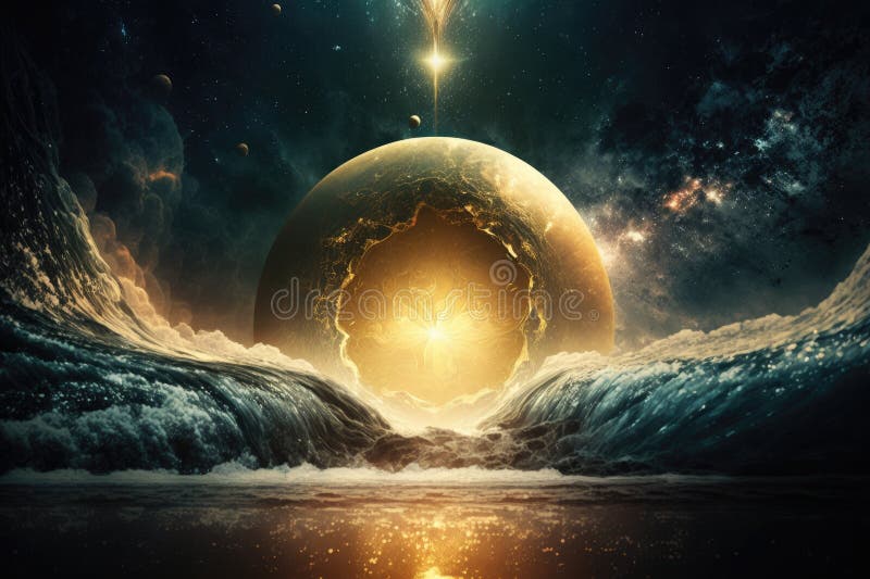 Mythical Golden Space with Ocean and Young Moon Stock Illustration ...