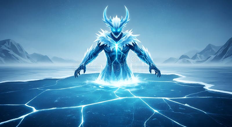 A Mythical Ice Creature Emerges from a Cracked, Glowing Frozen Surface ...