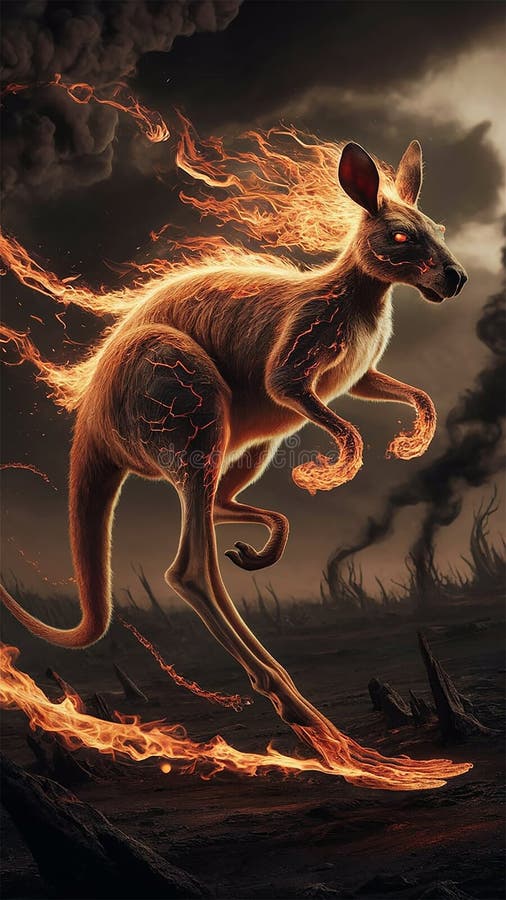 A Mythical Kangaroo-fire Hybrid Creature, Set Against a Dramatic and ...