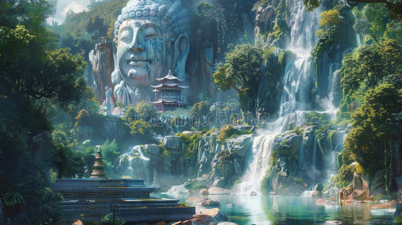 Mythical Landscape with a Towering Statue and Cascading Waterfalls ...