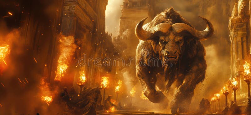 Mythical Minotaur Charging through Ancient Ruins with Flames and ...