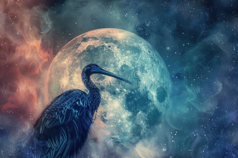 Mythical Moon Bird with Slender Beak in Cosmic Backdrop Stock ...
