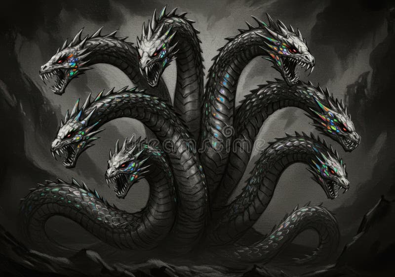 Mythical Multi-headed Hydra Dragon with Metallic Scales in Monochrome ...