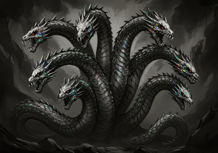 Mythical Multi-headed Hydra Dragon with Metallic Scales in Monochrome ...