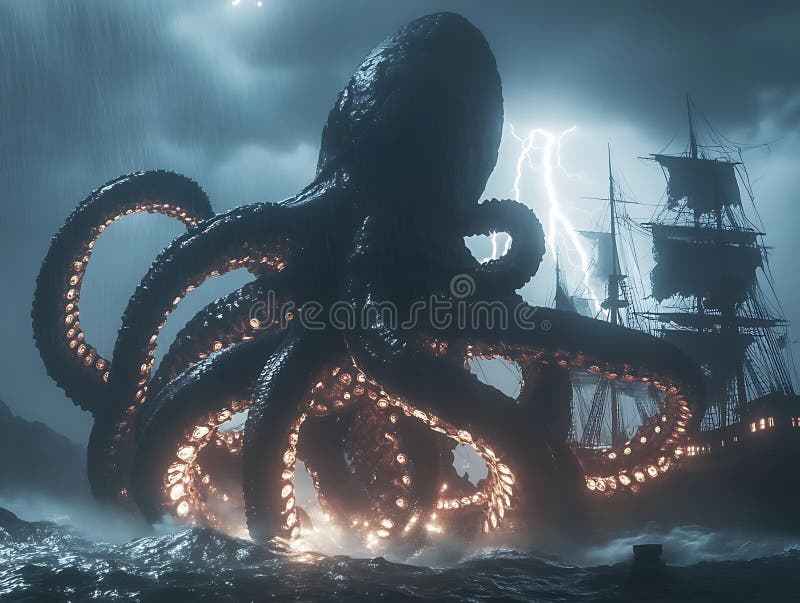Mythical Octopus Emerging from Stormy Sea, Dramatic Atmosphere Stock ...