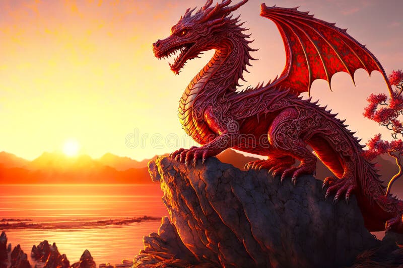 Mythical Oriental Red Dragons Crouched on Large Rock Stock Illustration ...