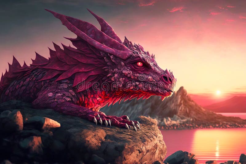 Mythical Oriental Red Dragons Crouched on Large Rock Stock Illustration ...