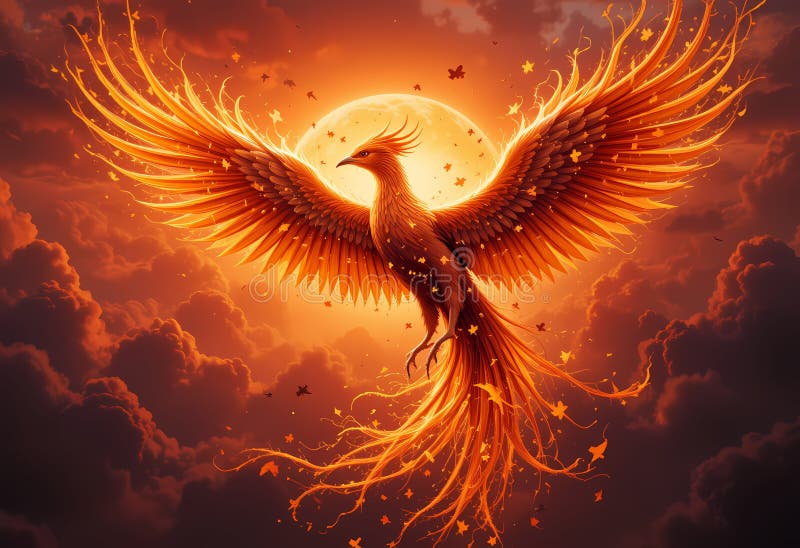 Mythical Phoenix Bird in Fiery Sunset Sky Stock Illustration - Illustration of power, rebirth ...