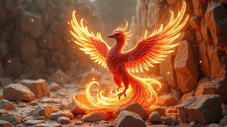 Mythical Phoenix Bird Glowing with Striking Fiery Plumage in Rocky Cave ...