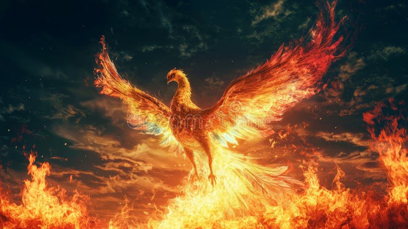 A Mythical Phoenix Bird Rises from Flames Against a Dramatic Sky Stock ...