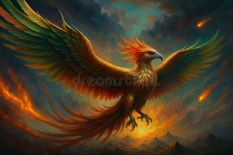 Mythical Phoenix Bird Soaring in Dramatic Sky. Stock Illustration ...