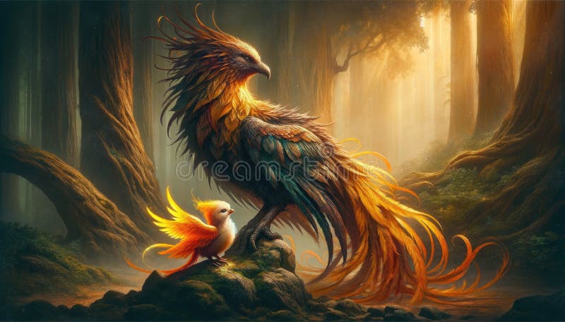Mythical Phoenix Birds in Enchanted Forest Stock Illustration ...