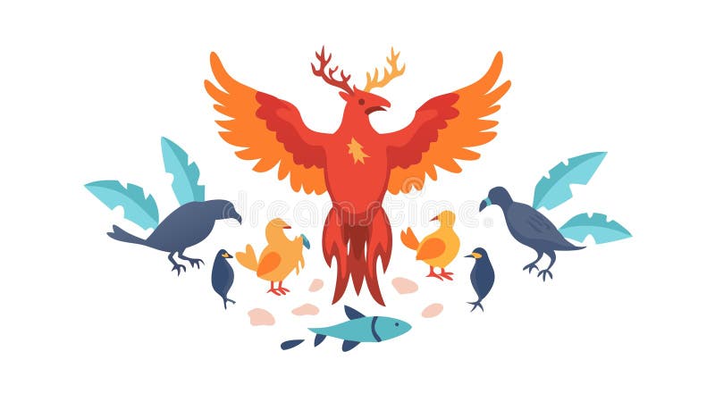Mythical Phoenix with Human Figures, Community and Renewal, Vector ...