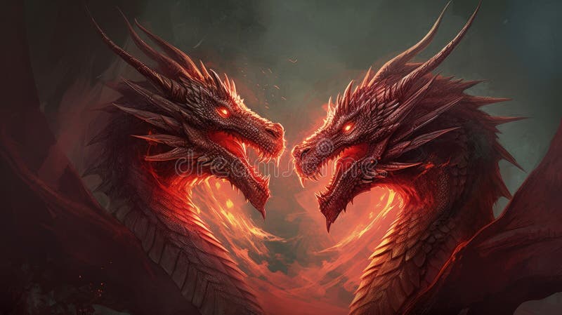 Mythical Red Dragons Breathing Fire Fantasy Illustration for Posters ...