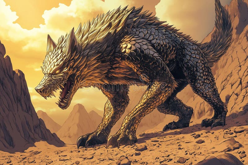 Mythical Scaled Wolf in Desert Landscape. Stock Image - Image of desert ...