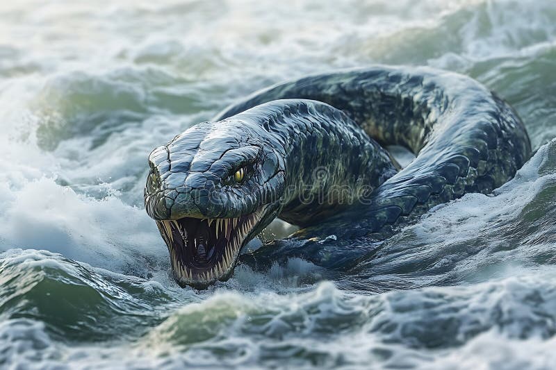 Mythical Sea Serpent Emerging from Turbulent Ocean Waters Stock ...