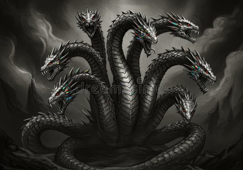 Mythical Six-headed Hydra Dragon in Dark Fantasy Setting with Gem ...