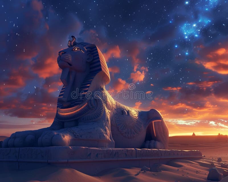 Mythical Sphinx Waiting in a Desert Under a Starlit Sky Stock ...