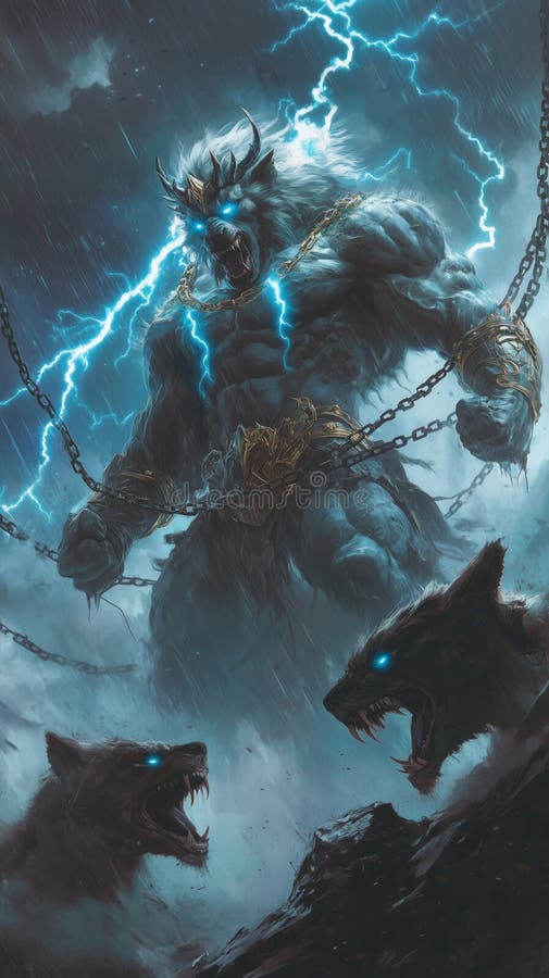 Mythical Thunder Beast Unleashing Power Amidst Storm with Wolves Stock ...