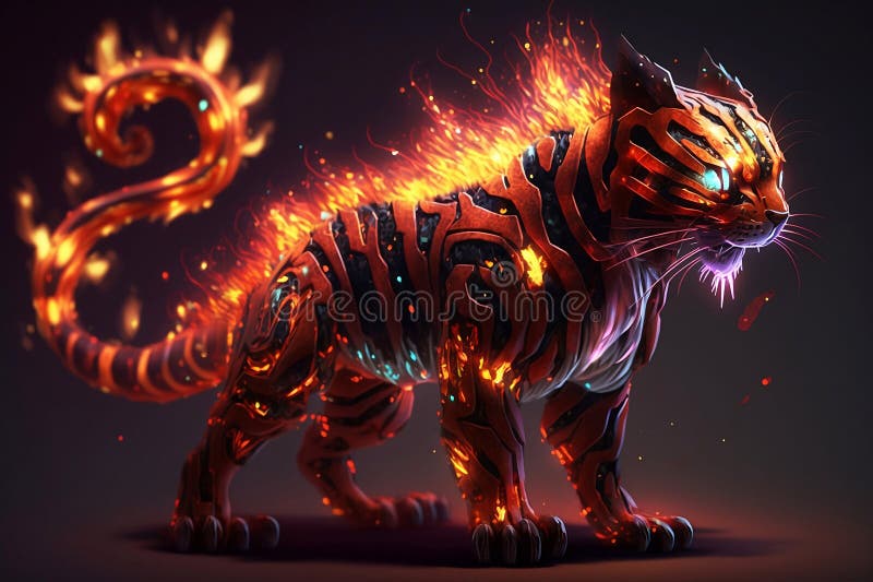 Mythical Tiger in Fire Flames on Dark Background Stock Illustration ...