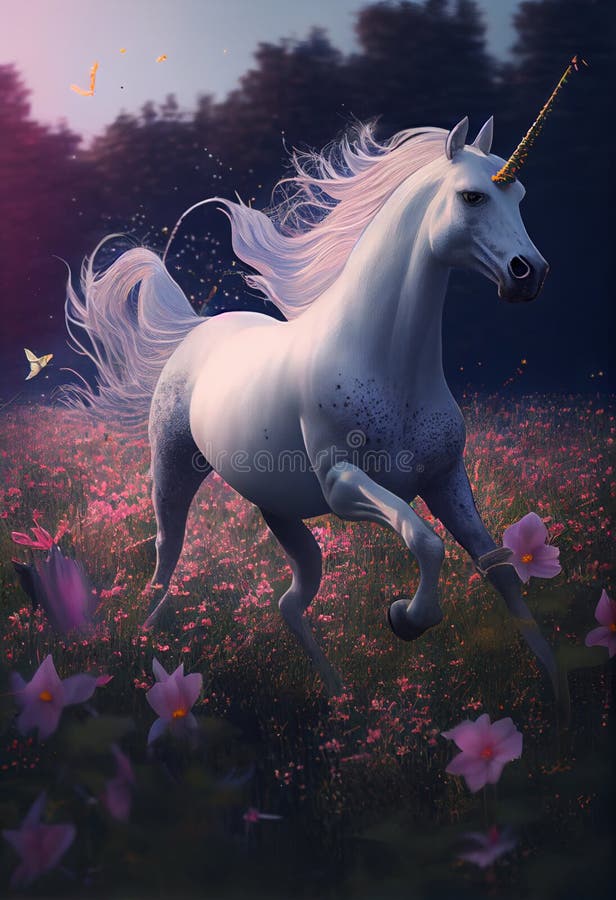 Mythical Unicorn in a Blooming Field. AI Generated Stock Illustration ...