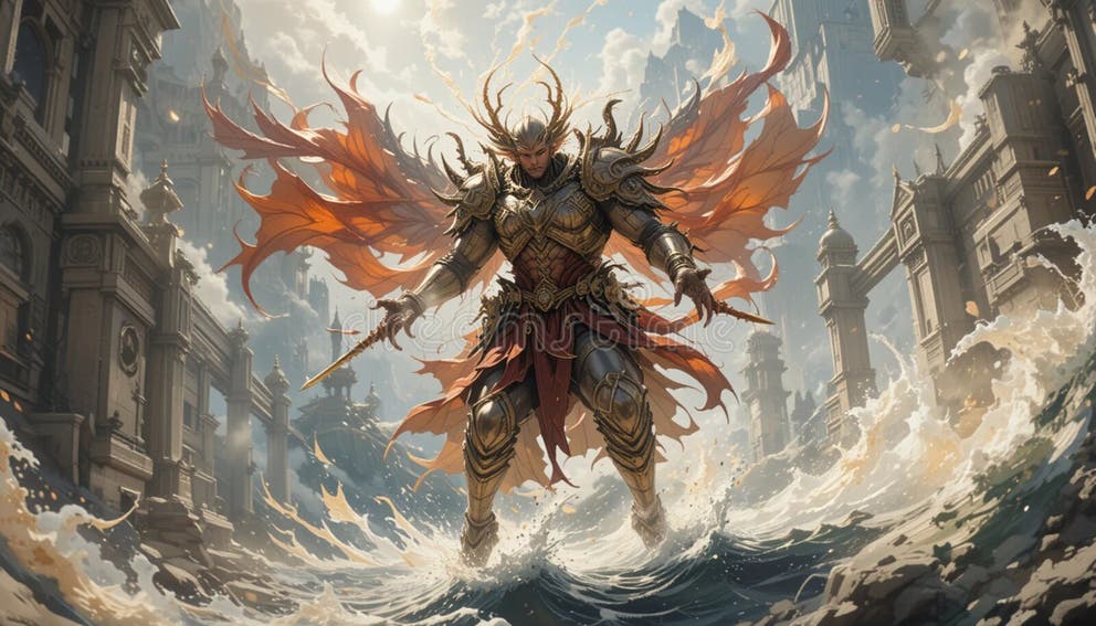 A Mythical Warrior Stands Commanding the Waves in a Fantasy Setting ...