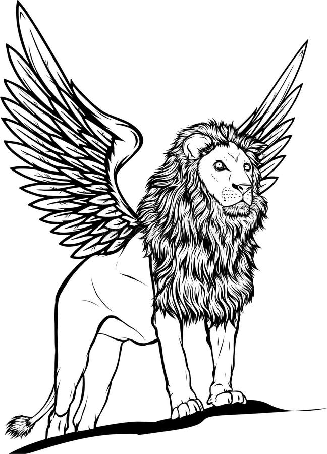 Mythical Winged Lion Vector Illustration Monochrome Draw Stock Vector ...