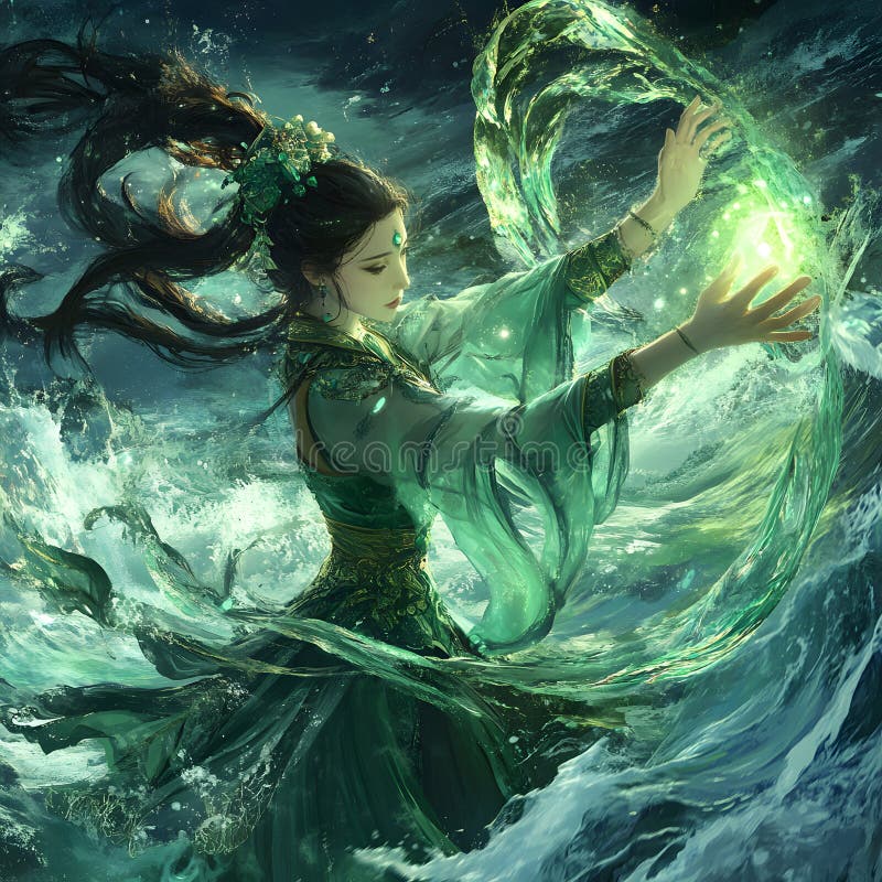 Mythical Woman Controlling Water with Green Magic Stock Illustration ...