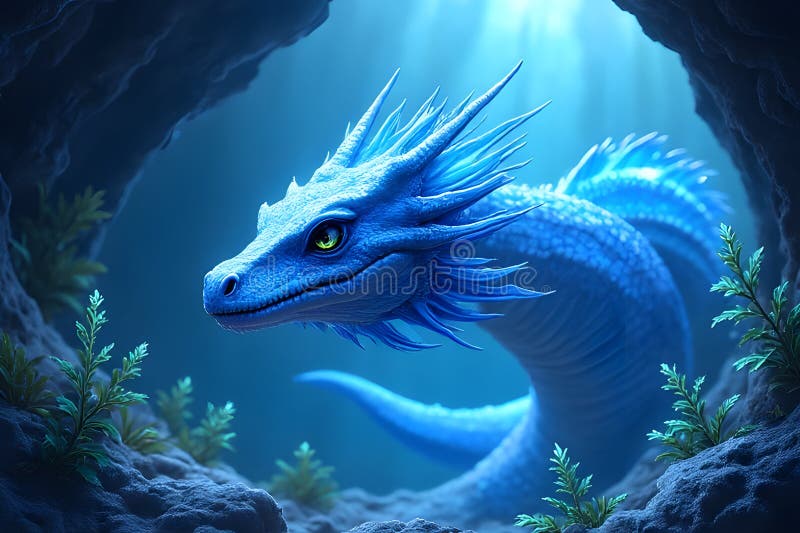 A Serene Water Dragon with Translucent Blue Scales, Gliding through an ...