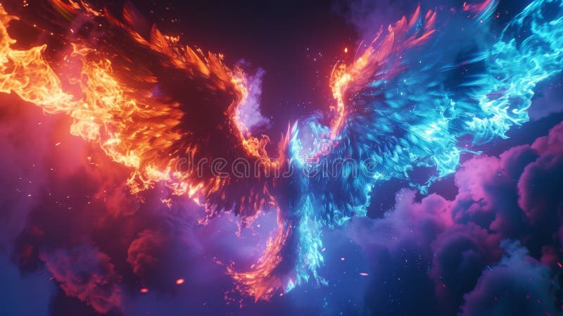 A Mythological Deity Resembling a Neon Phoenix Rising from the Ashes ...