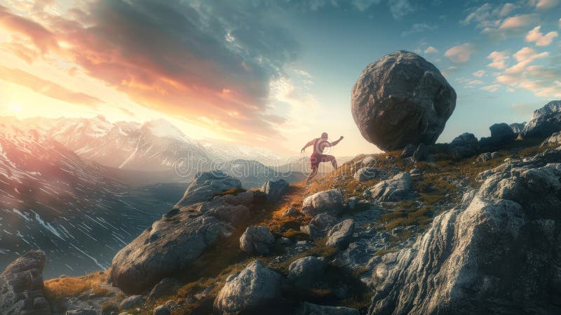 Mythological Figure Exerts Great Effort Pushing Massive Boulder Up ...