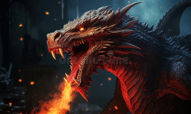 Mythology Monster Red Dragons Fire Breath on Dark Background Stock ...