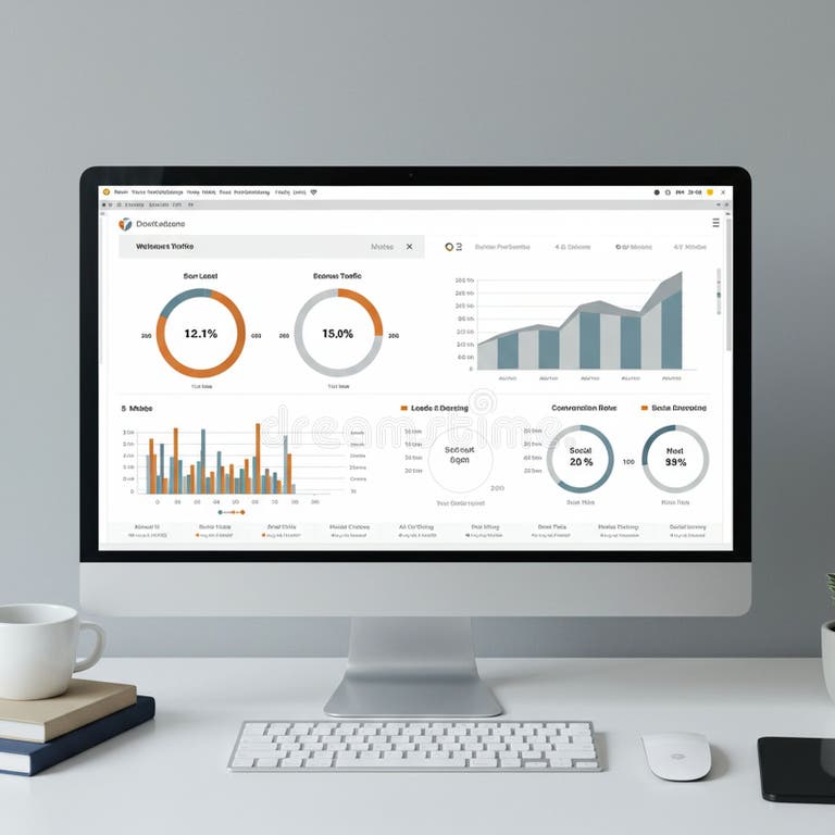N Office Setting with a Desktop Computer Displaying a Data Analytics Dashboard. the Stock ...