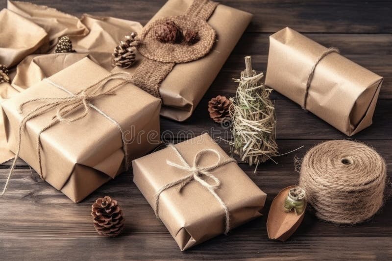 Packaging and Gifts Wrapped Up in Brown Paper on Wooden Table ...
