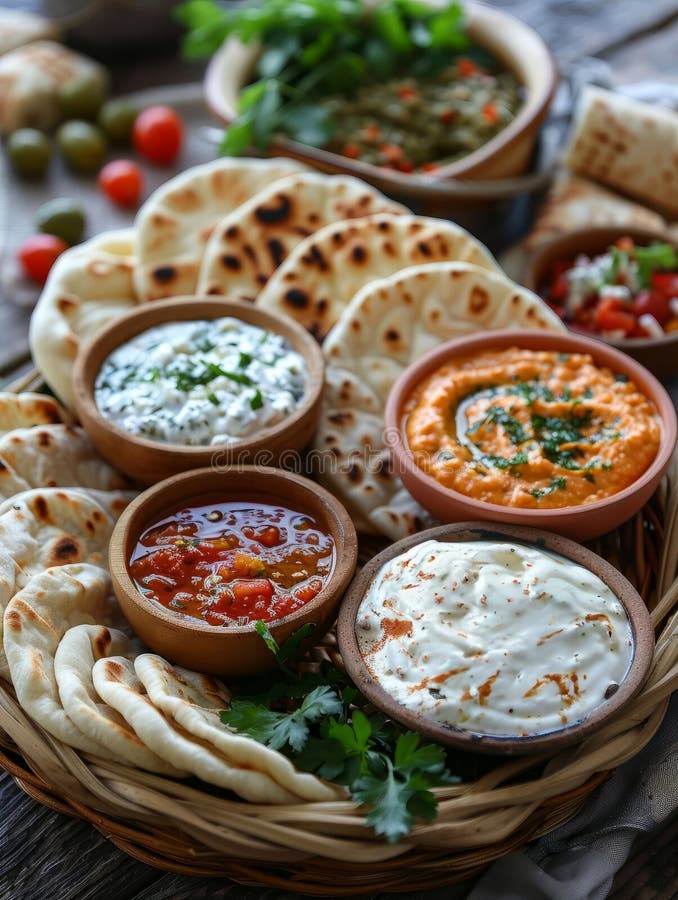 Naan Breads with Various Dips on a Platter. Stock Photo - Image of ...