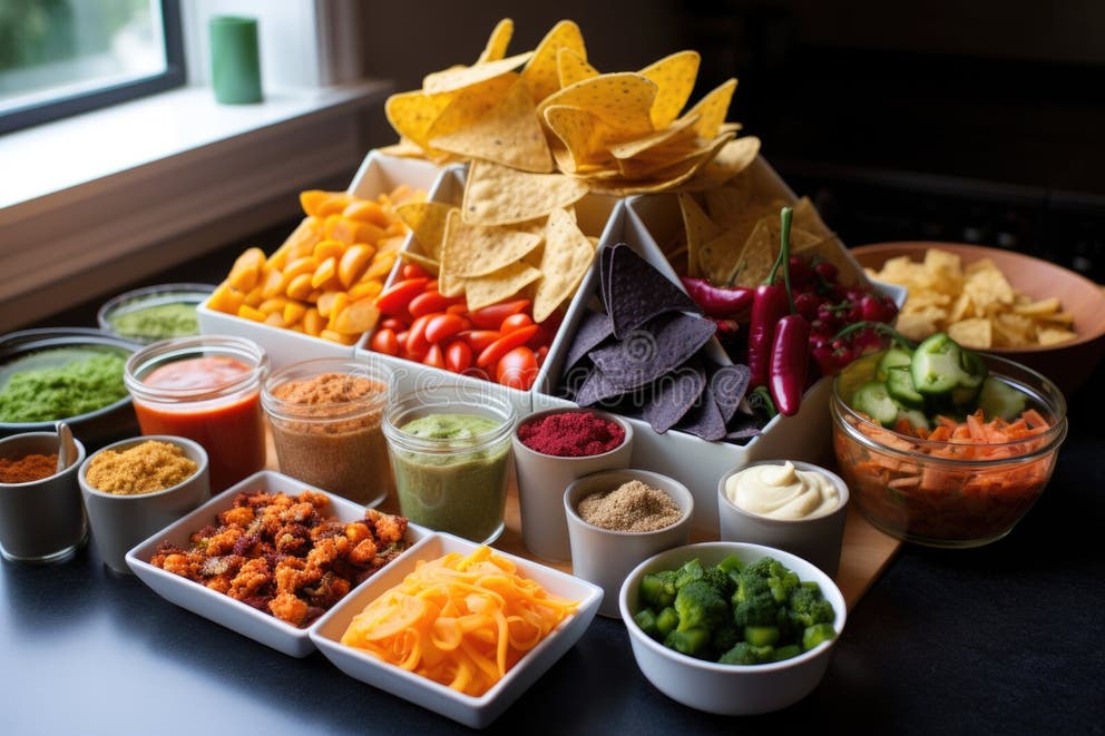 Nacho Assembly Station with Various Toppings Stock Image - Image of ...
