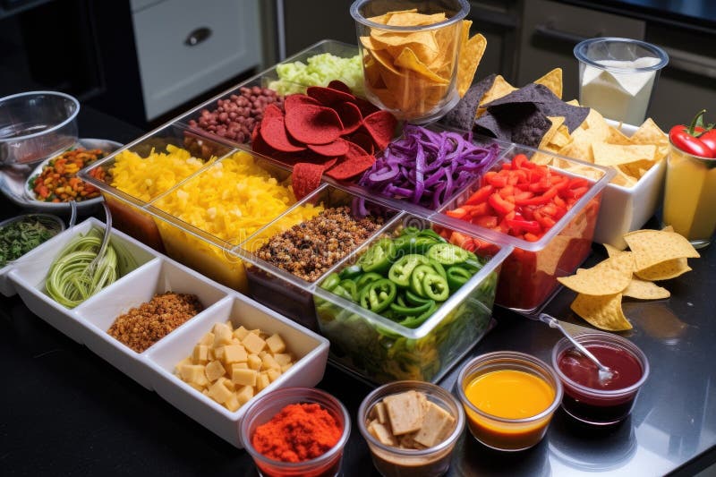 Nacho Assembly Station with Various Toppings Stock Illustration ...