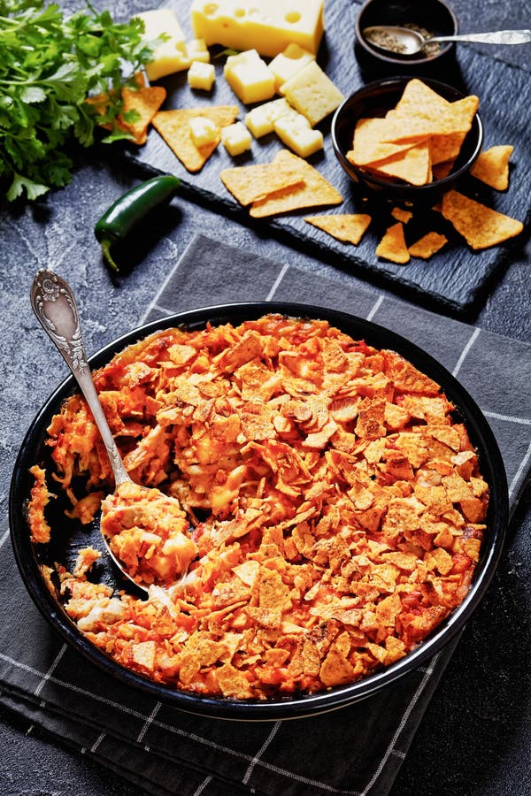 Nacho Chicken Cheese Casserole in Baking Dish Stock Photo - Image of ...