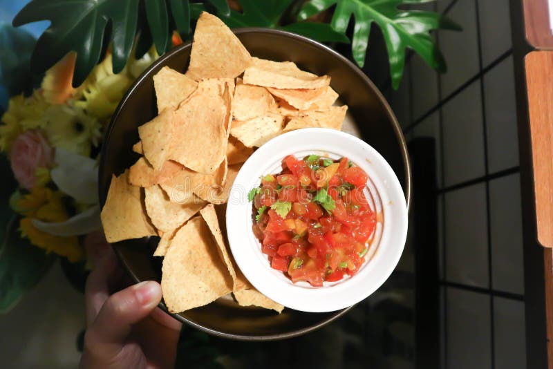 Nachos, Nachos Cheese or Mexican Snacks with Tomato Salad Stock Photo ...