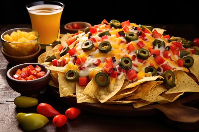 Nachos Covered in Cheese with Olives and Sliced Bell Peppers Stock ...