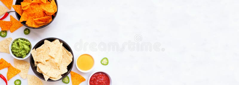 Nachos and Dip Corner Border Over a White Marble Banner Background ...