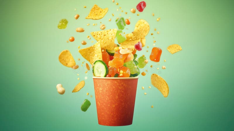 Nachos, Gummy Bears and Vegetables Flying Over Paper Cup on Gradient ...