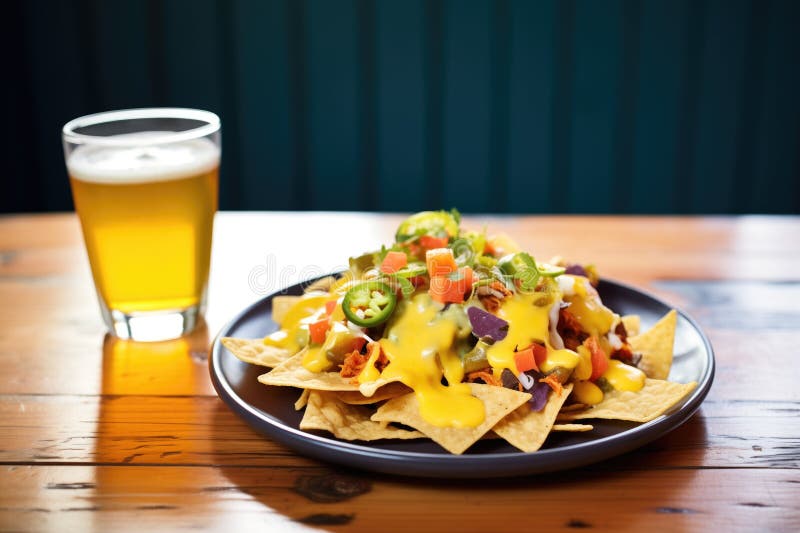 Nachos with Melted Cheese and a Cold Beer beside Stock Photo - Image of ...