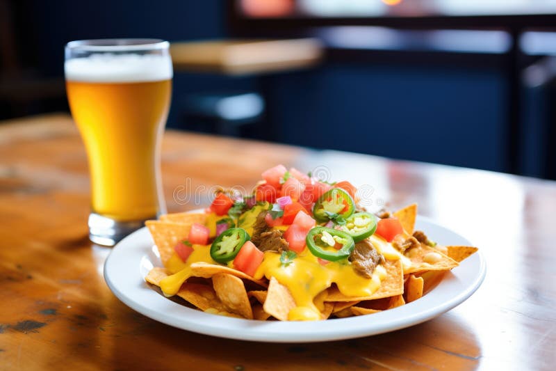 Nachos with Melted Cheese and a Cold Beer beside Stock Image - Image of ...