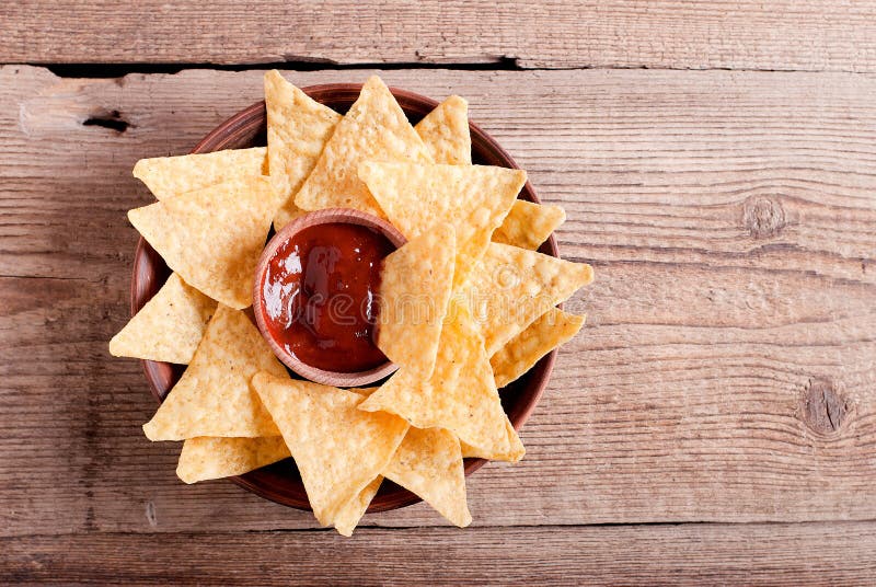 Nachos with Sauce on the Table, Top View Stock Photo - Image of closeup ...