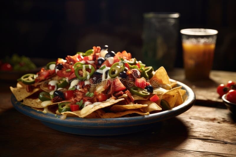 Nachos with Toppings, Side View, on Rustic Table Stock Image - Image of ...