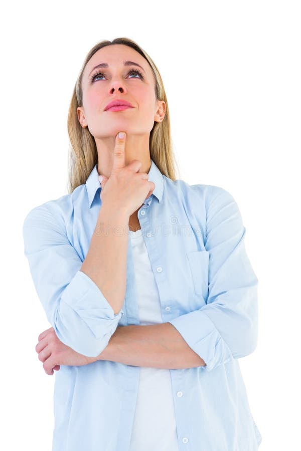 Nadenkend Blonde Die Op Vloer Liggen Die Haar Assigment Doen Gebruikend ...