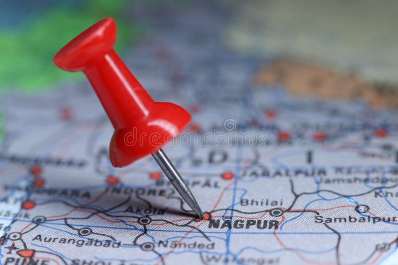 Nagpur, India pin on map stock image. Image of close - 367293423