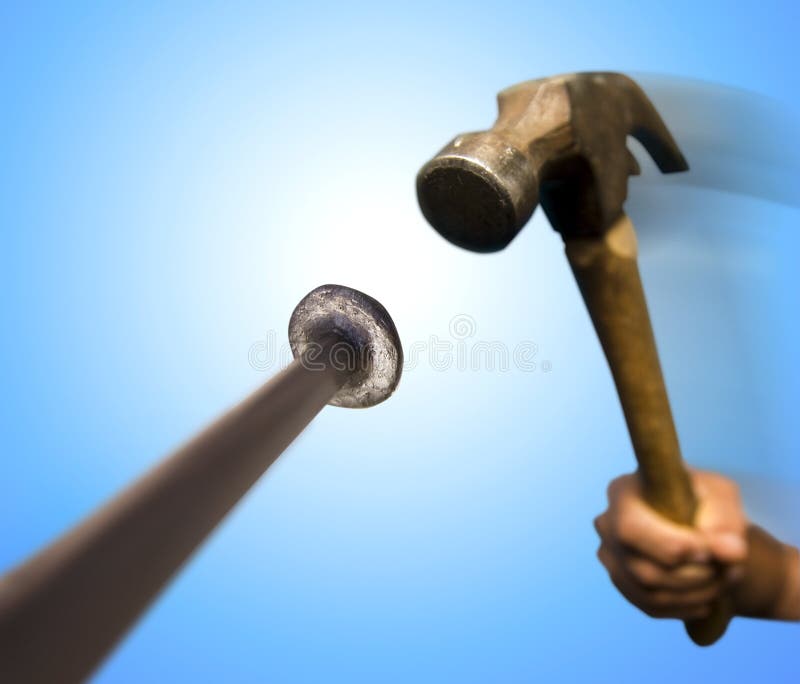 Nail Being Hammered in Blue Stock Image - Image of flat, force: 13353341